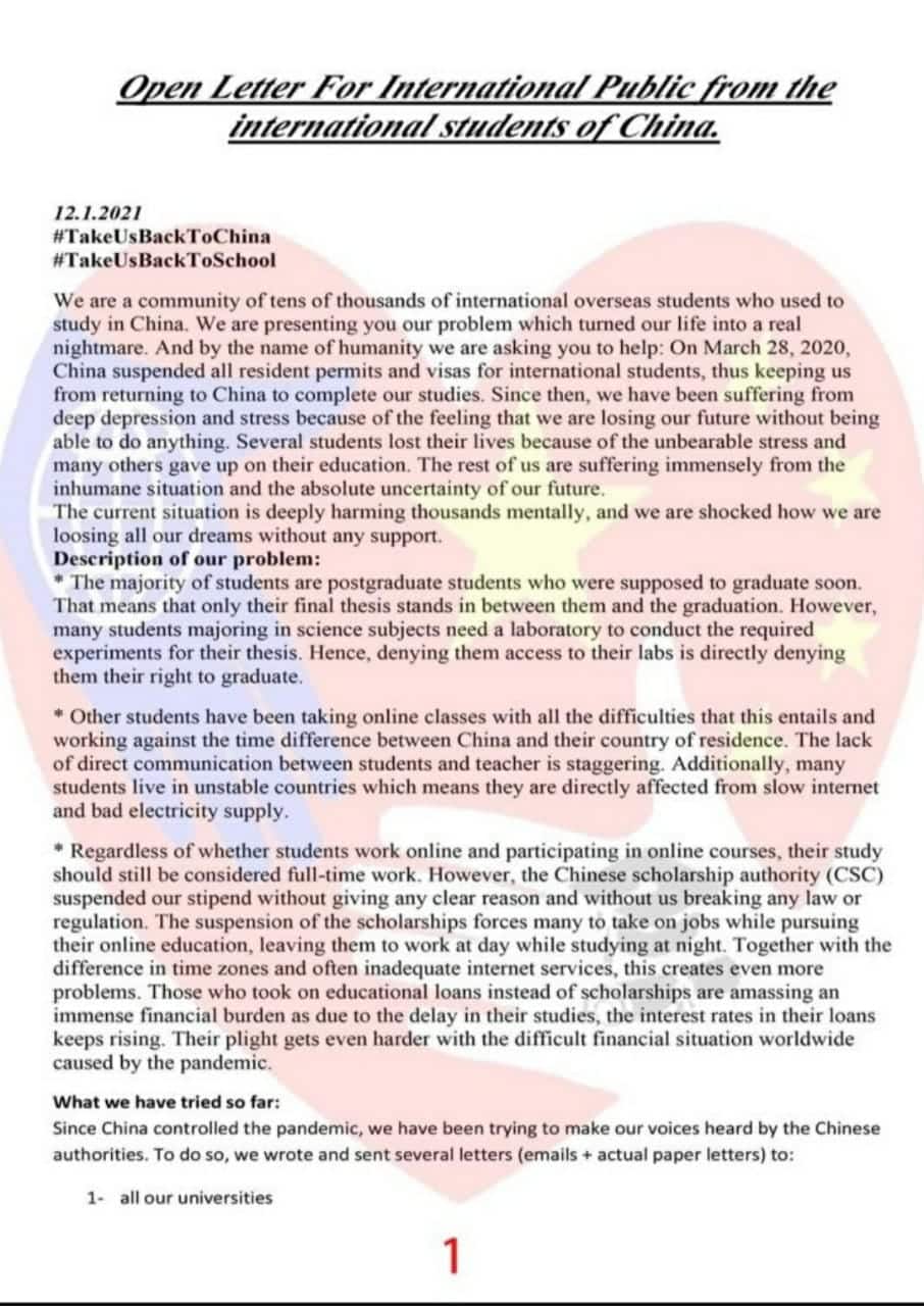 Foreign students post open letter to Chinese government