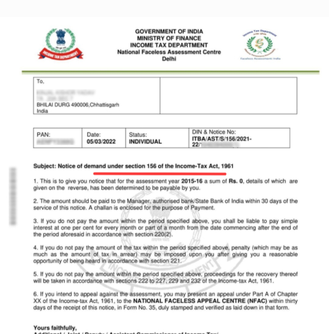 Tax Notice Order for Demand under Section 156 of the Income Tax Act TAX ...