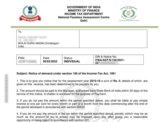 Notice issue for demand under section 156 of the Income Tax Act 1961 ...