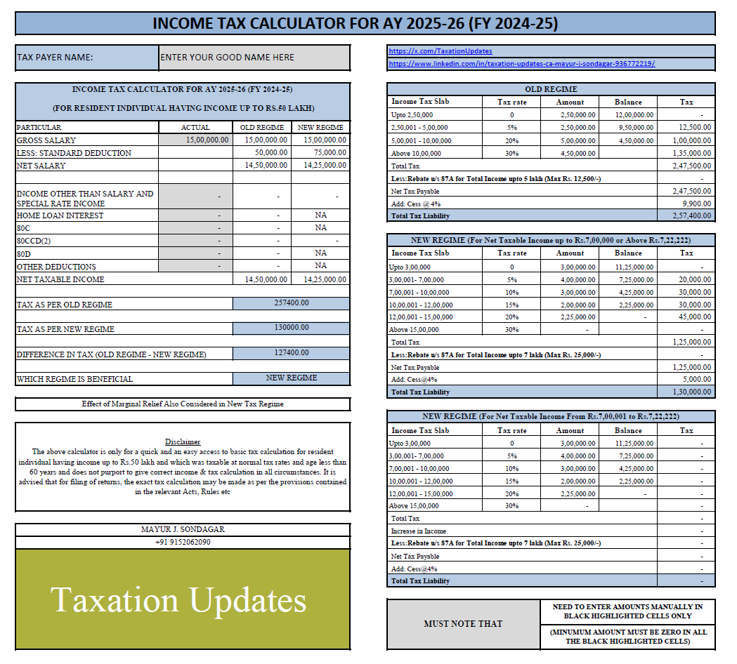 INCOME TAX CALCULATOR FOR A.Y. 2025-26 (F.Y. 2024-25) Excel Download ...