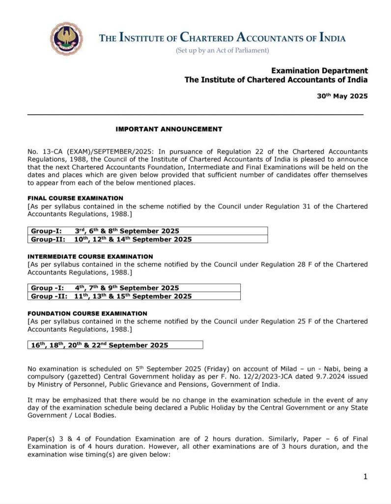 ICAI CA September 2025 Exam Big Announcement; exam schedule released ...