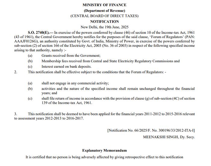 CBDT Notifies Tax Exemption for Forum of Regulators Under Section 10(46 ...