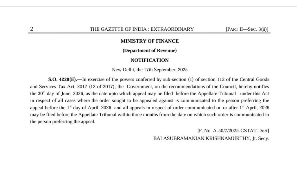 HISTORIC GST NOTIFICATION: TIMELINE FOR FILING APPEAL BEFORE GSTAT ...