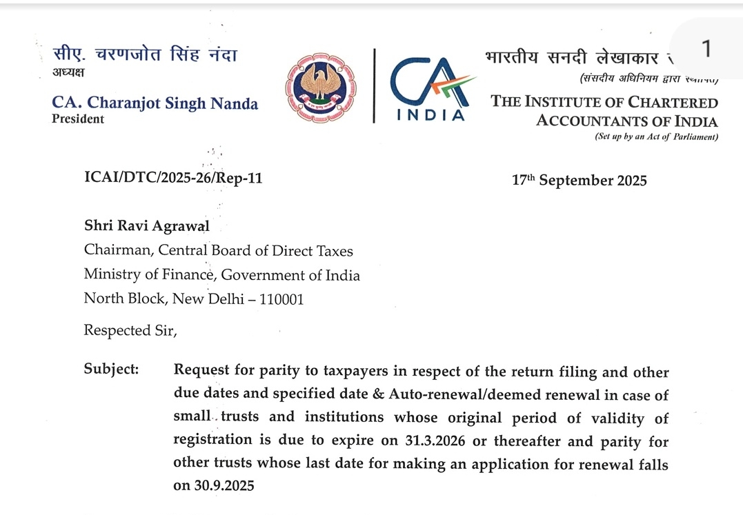 ICAI Representation to CBDT for Professionals' Relief TAXCONCEPT